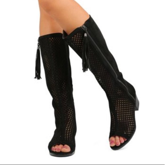 Bonita_Trendz | Shoes | Clearance Black Vegan Suede Peep Toe Laser Cut ...